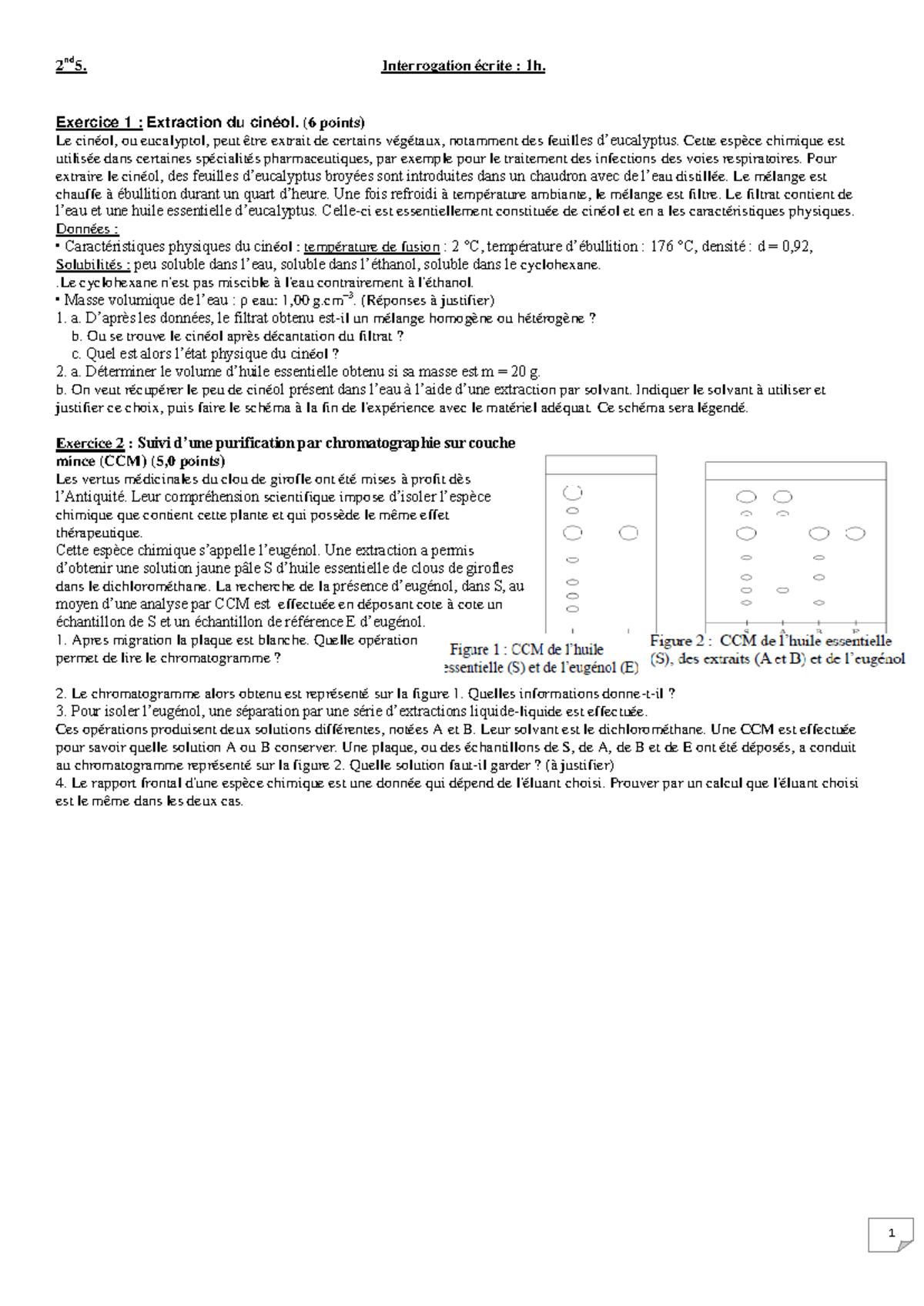 Exercices Corrigés sur l'Extraction du Cinéol et l'Eugénol - SC101 ...