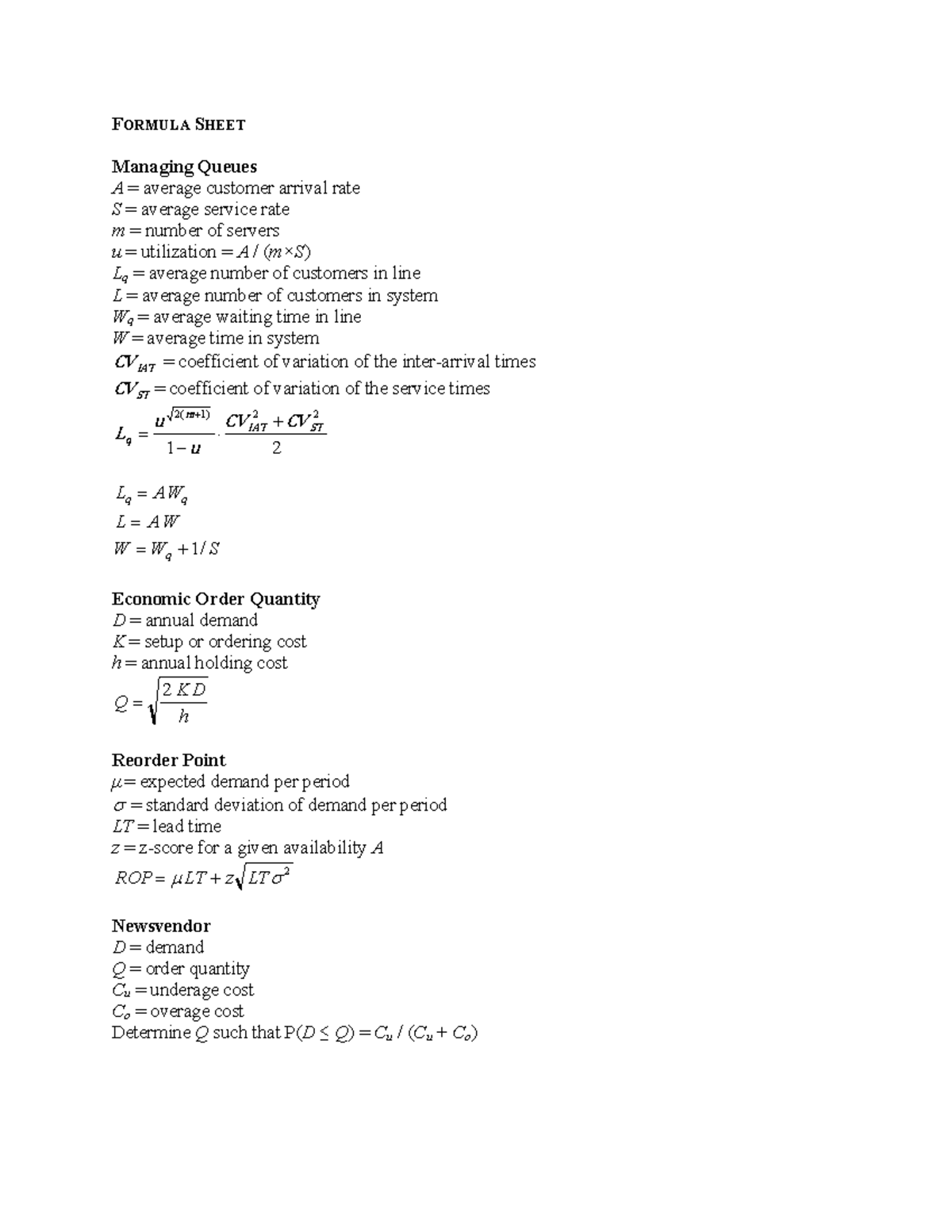 Queue Management Formula Sheet for Operations Research (OR 101) - Studocu