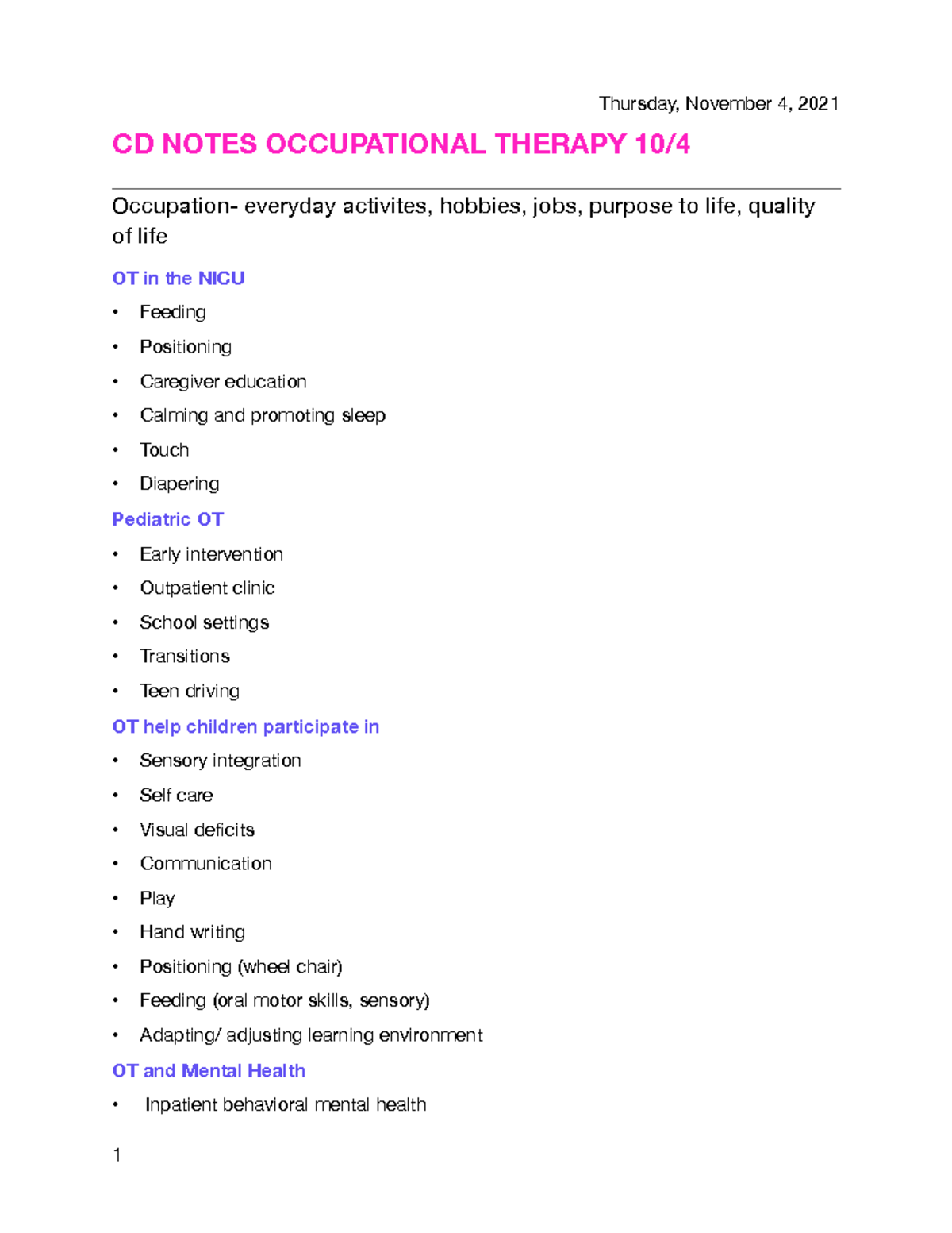 CD Notes Occupational Therapy 10:4 - Thursday, November 4, 2021 CD ...