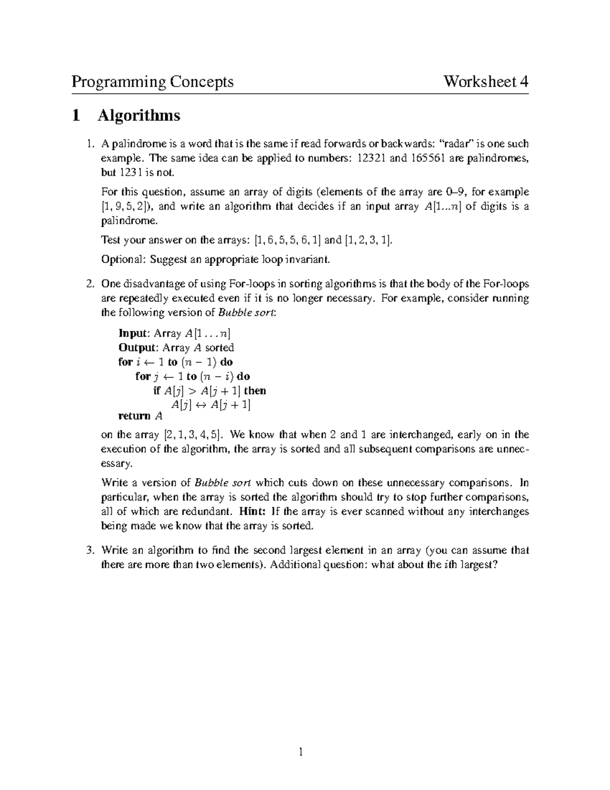 Worksheet 4 Gggggf Programming Concepts Worksheet 4 1 Algorithms A
