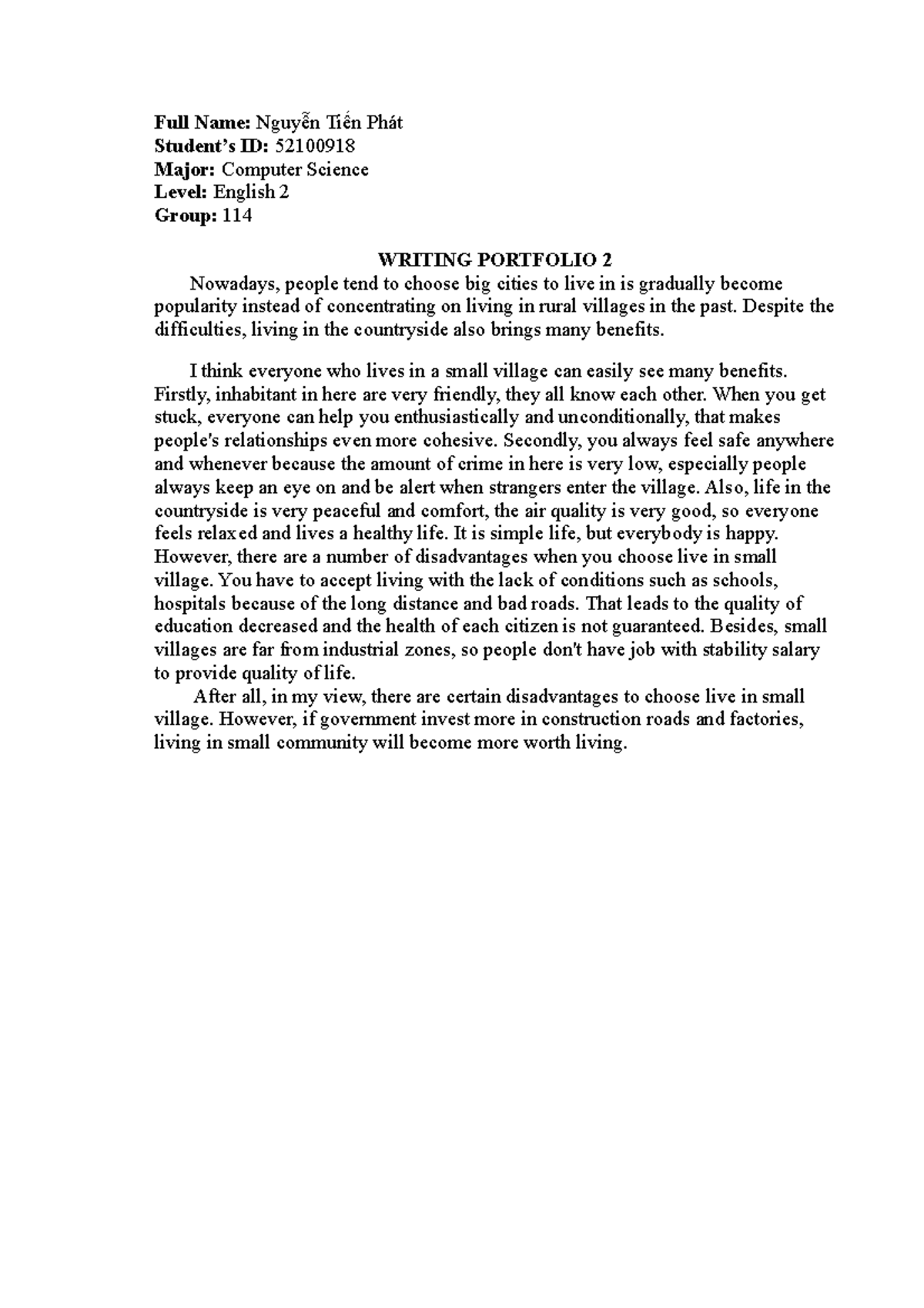 Writing Portfolio 2: Benefits & Challenges of Rural Living in English 2 ...