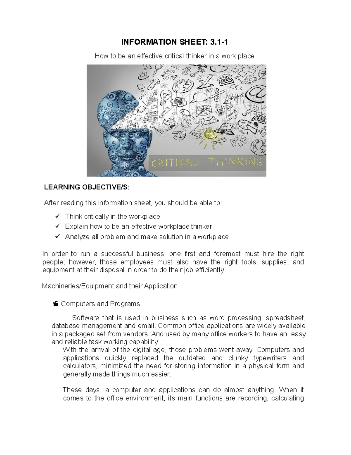 Information Sheet - 3 Apply Critical Thinking Skills - INFORMATION ...