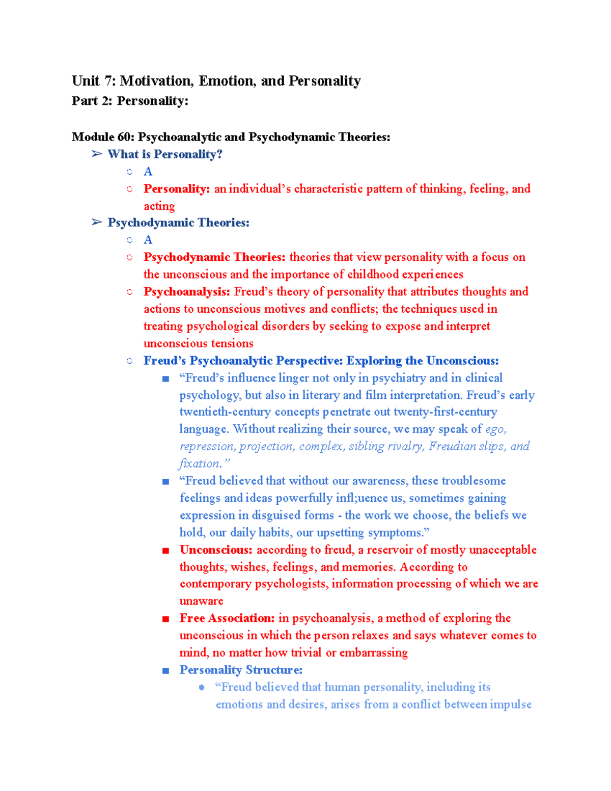 AP Psychology Unit 7, Part 2 Outline - Unit 7: Motivation, Emotion, and ...