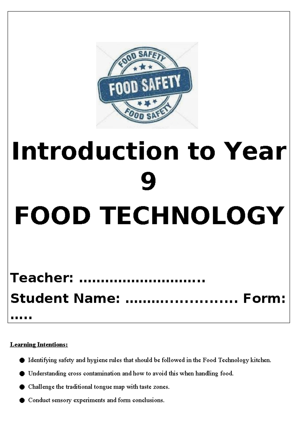 2022 Year 9 FOOD TECHNOLOGY: Safety, Hygiene, and Kitchen Tools Guide ...