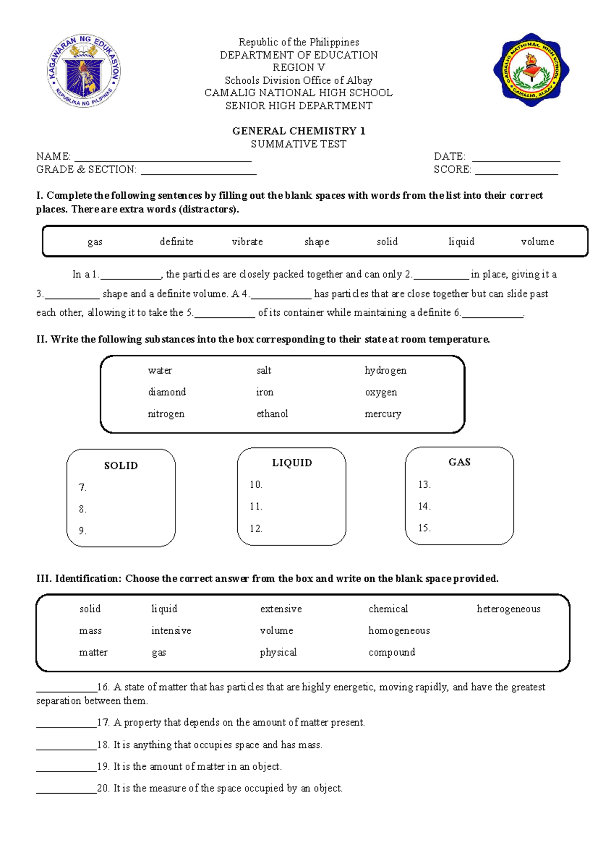 Gen Chem 1 - Summative Test on States of Matter and Properties - Studocu