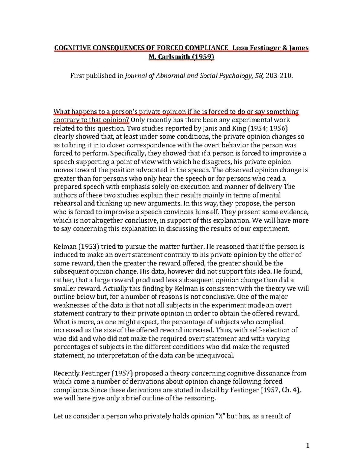 Cognitive Dissonance Experiment: Analysis of Festinger (1958) - Studocu