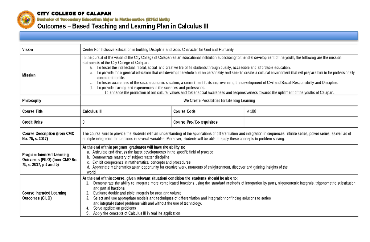 OBTL M 108 Calculus III Outcomes-Based Learning Plan 2024 - Studocu