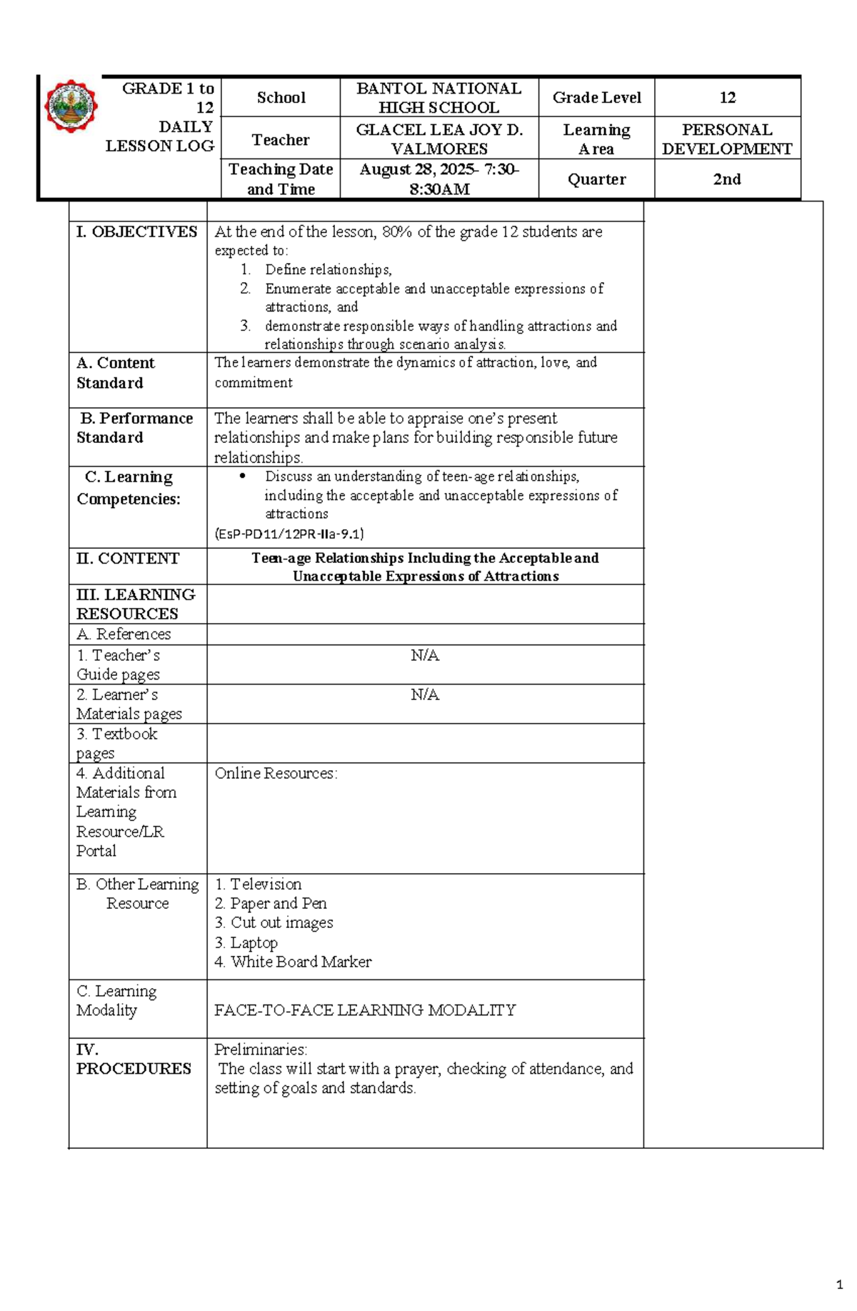 Grade 12 Personal Development Lesson Plan Q2 - Week 1 - Studocu