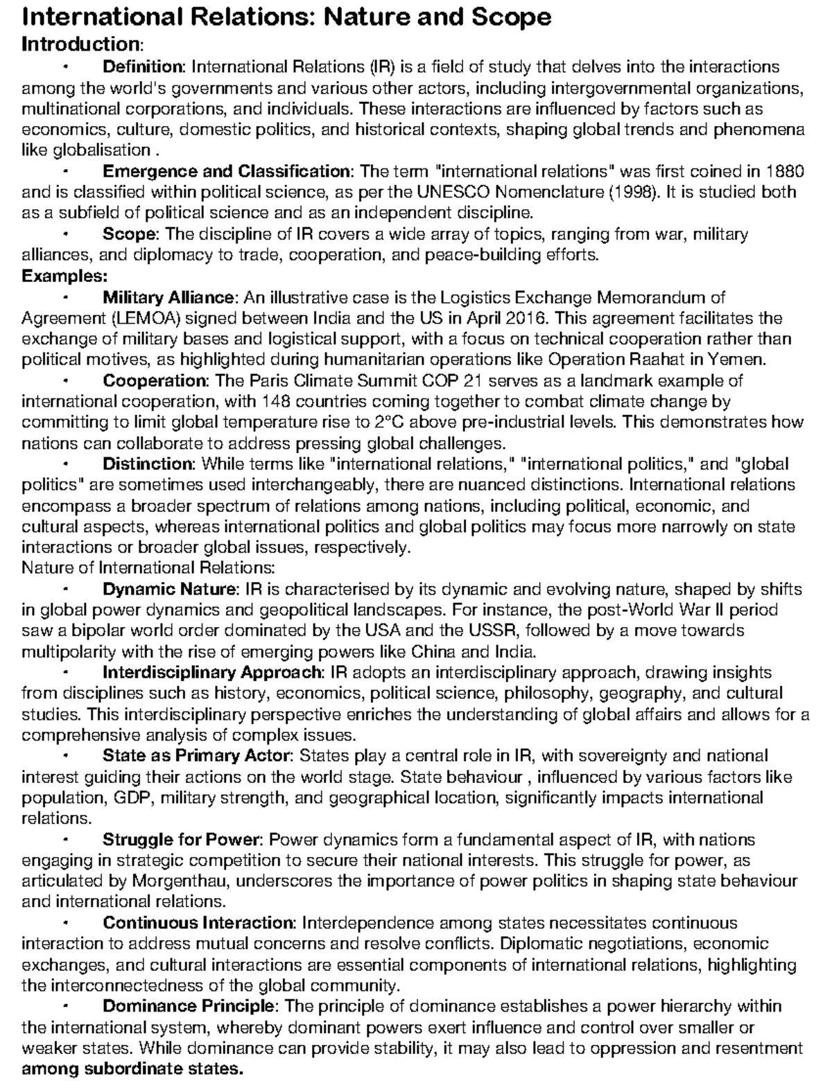 International Relations (IR) Overview: Nature, Scope & Dynamics - Studocu