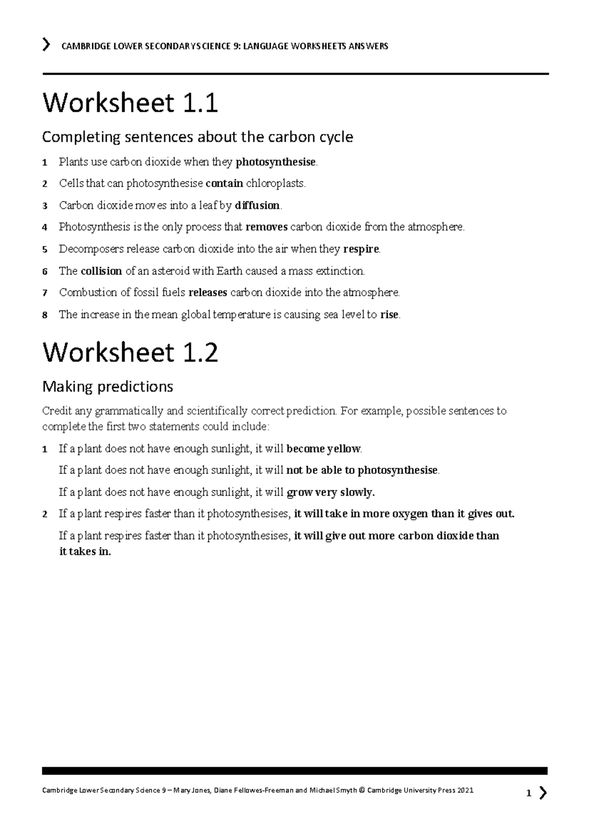 CAMBRIDGE LOWER SECONDARY SCIENCE 9: WORKSHEET ANSWERS - Studocu
