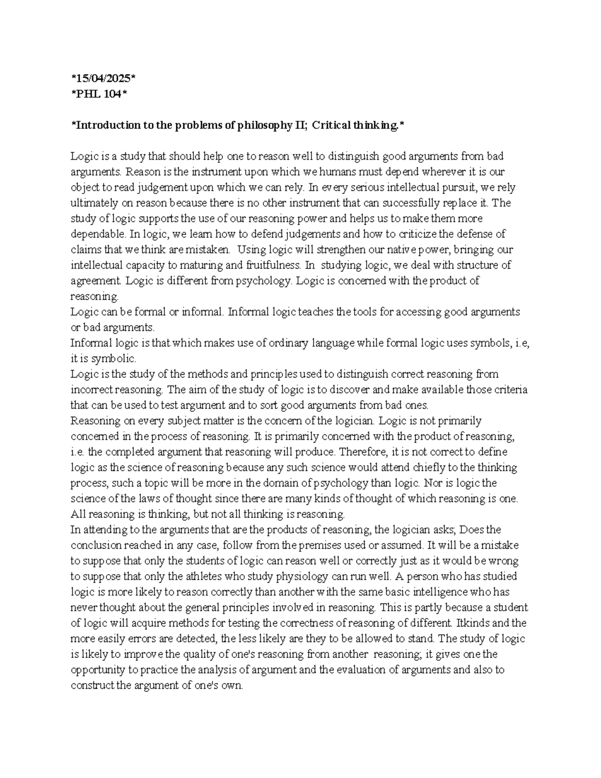 PHL 104-1: Understanding Logic and Reasoning in Critical Thinking - Studocu