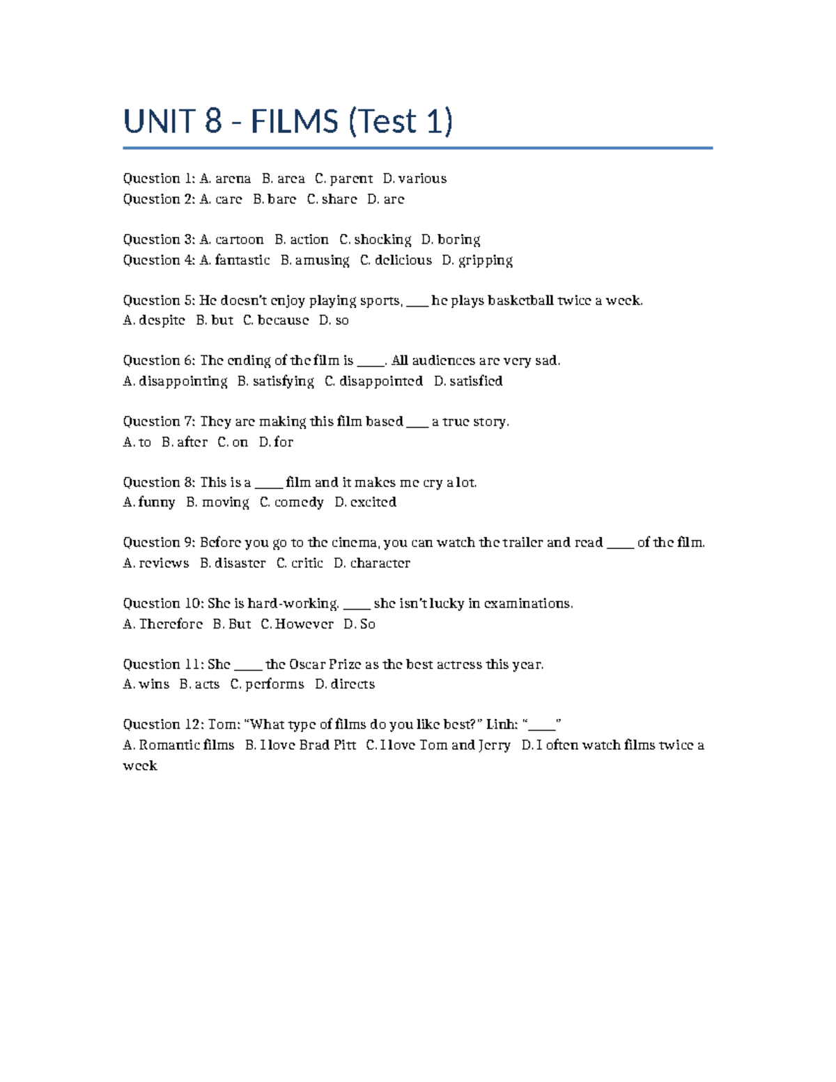 Unit 8 Films Test 1 - Vocabulary and Comprehension Questions - Studocu