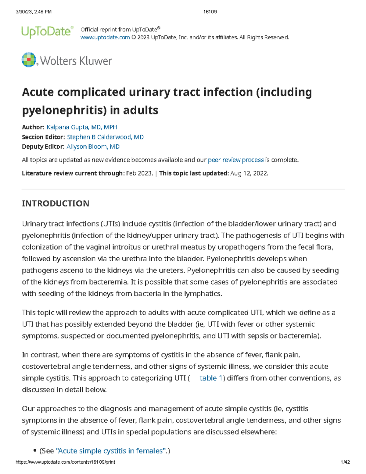 Acute Complicated UTI in Adults: Insights from UpToDate 16109 - Studocu