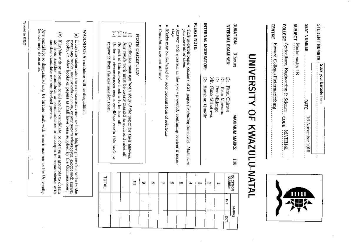 Math 141 2015 Final Exam Marking Scheme Overview - Studocu