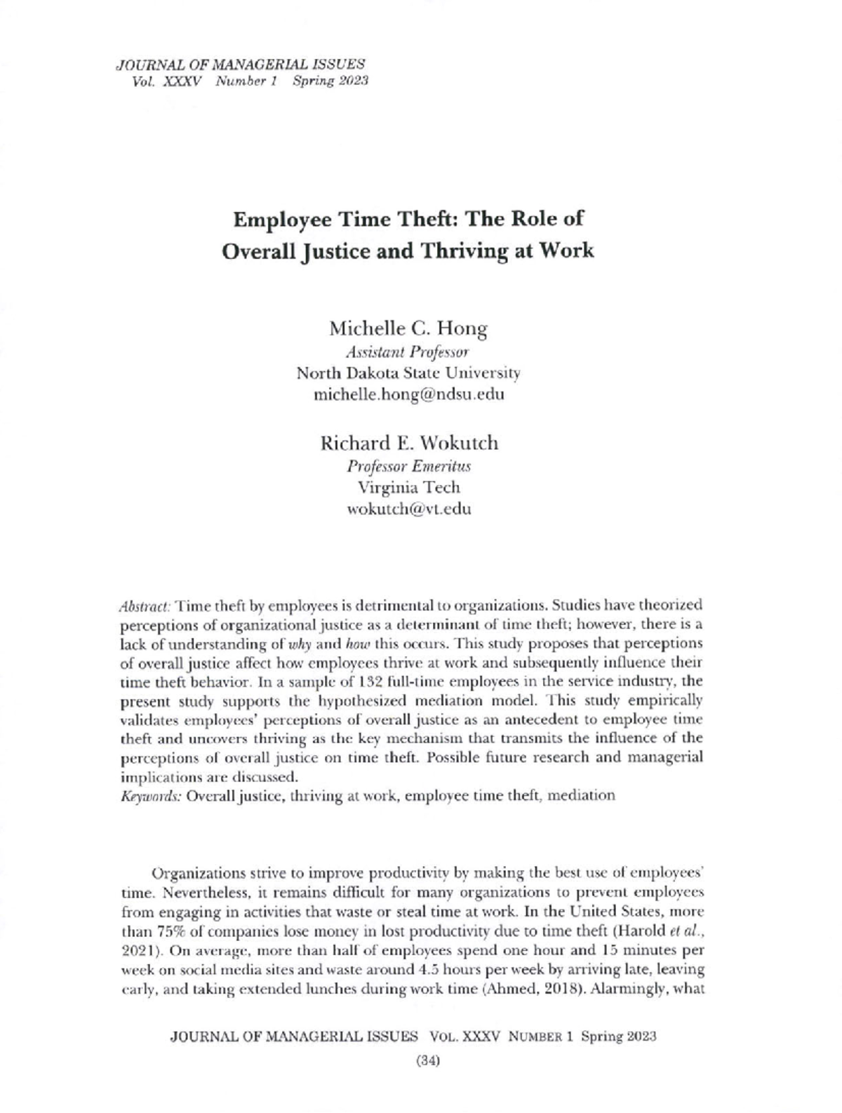 Employee Time Theft: The Impact of Overall Justice and Thriving at Work - Studocu