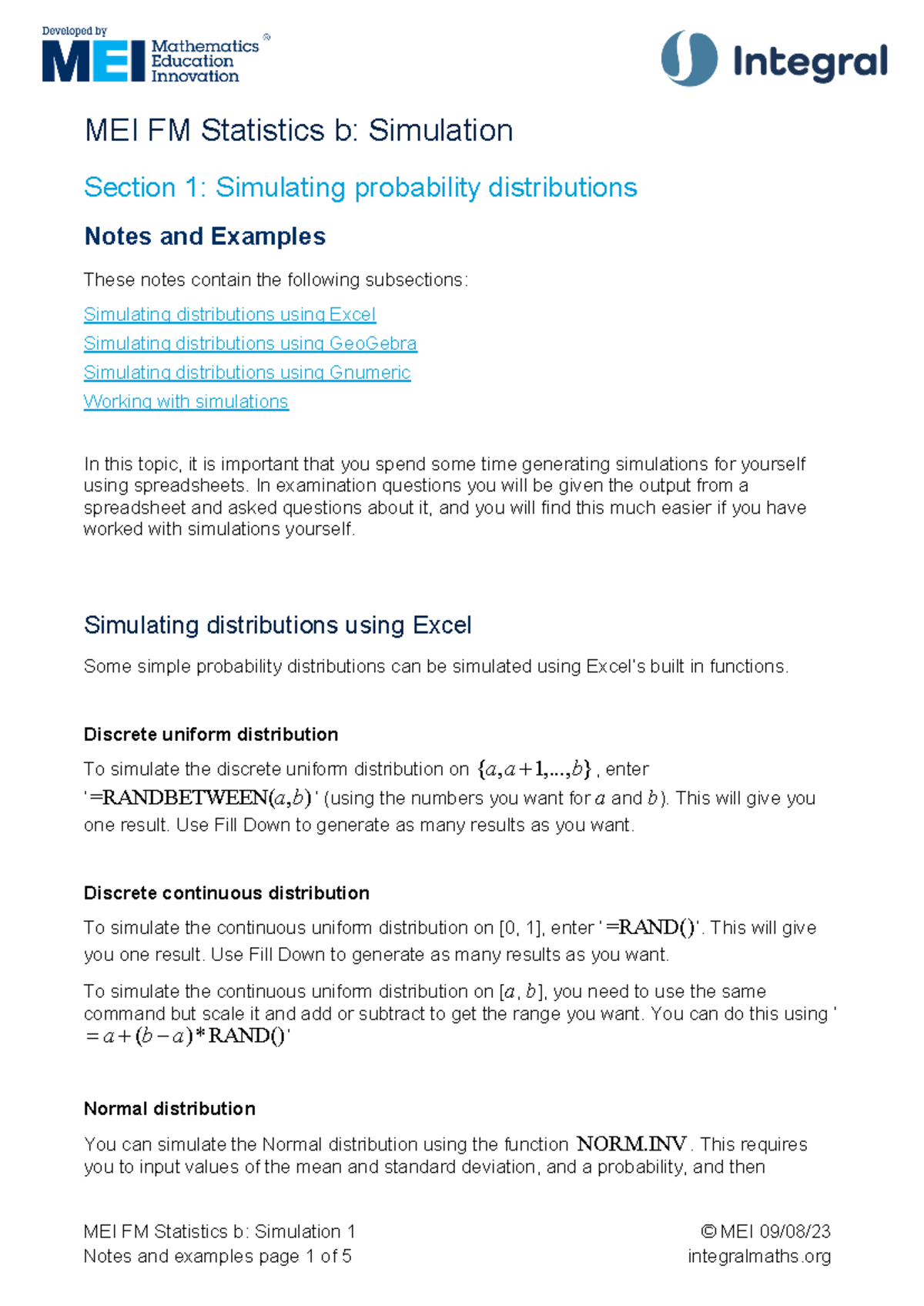 MEI FM Statistics B: Simulation Notes & Examples for Distributions ...