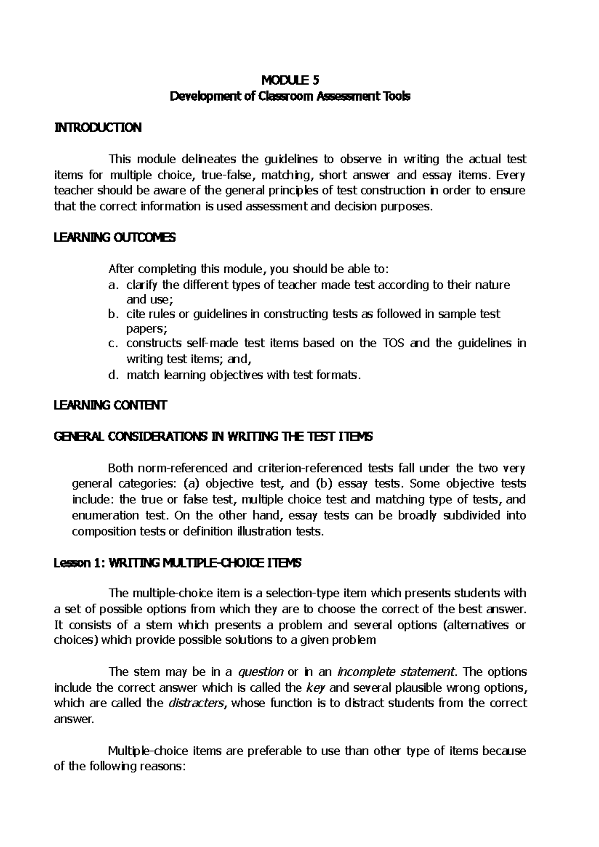 Module 5: Creating Effective Classroom Assessment Tools - Studocu