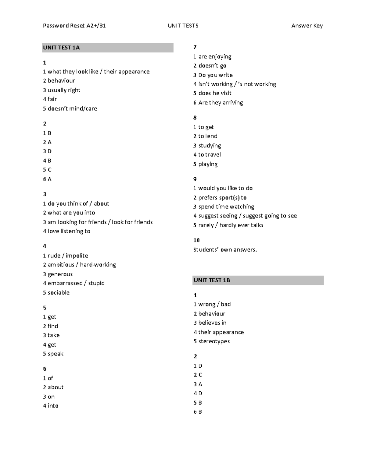 Password Reset A2+ B1 UNIT TEST Answer Key - Studocu