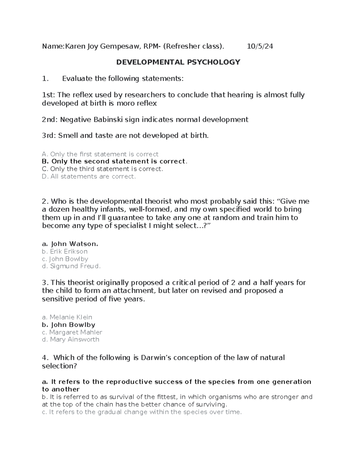 Developmental Psychology 1: Refresher Class Study Guide - Studocu