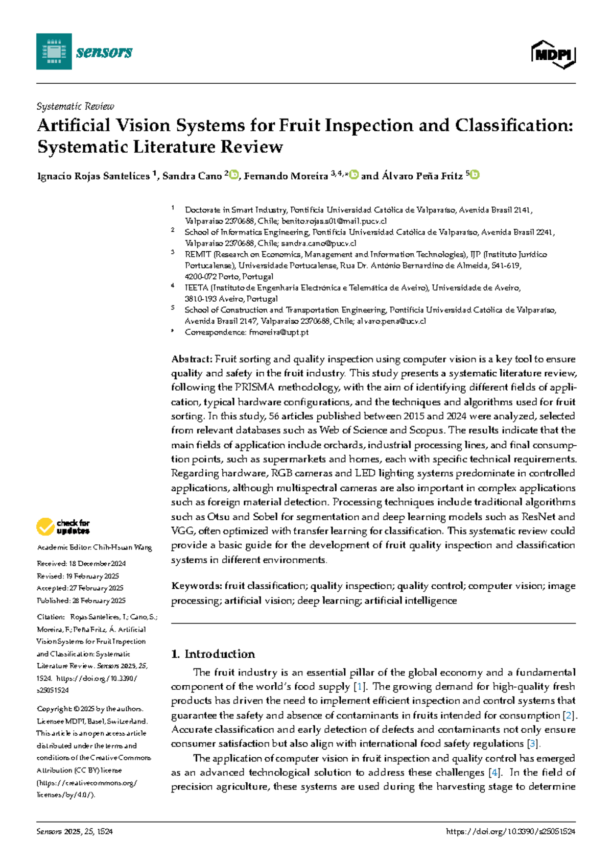 Systematic Review of Artificial Vision Systems for Fruit Inspection (SENSORS - Studocu