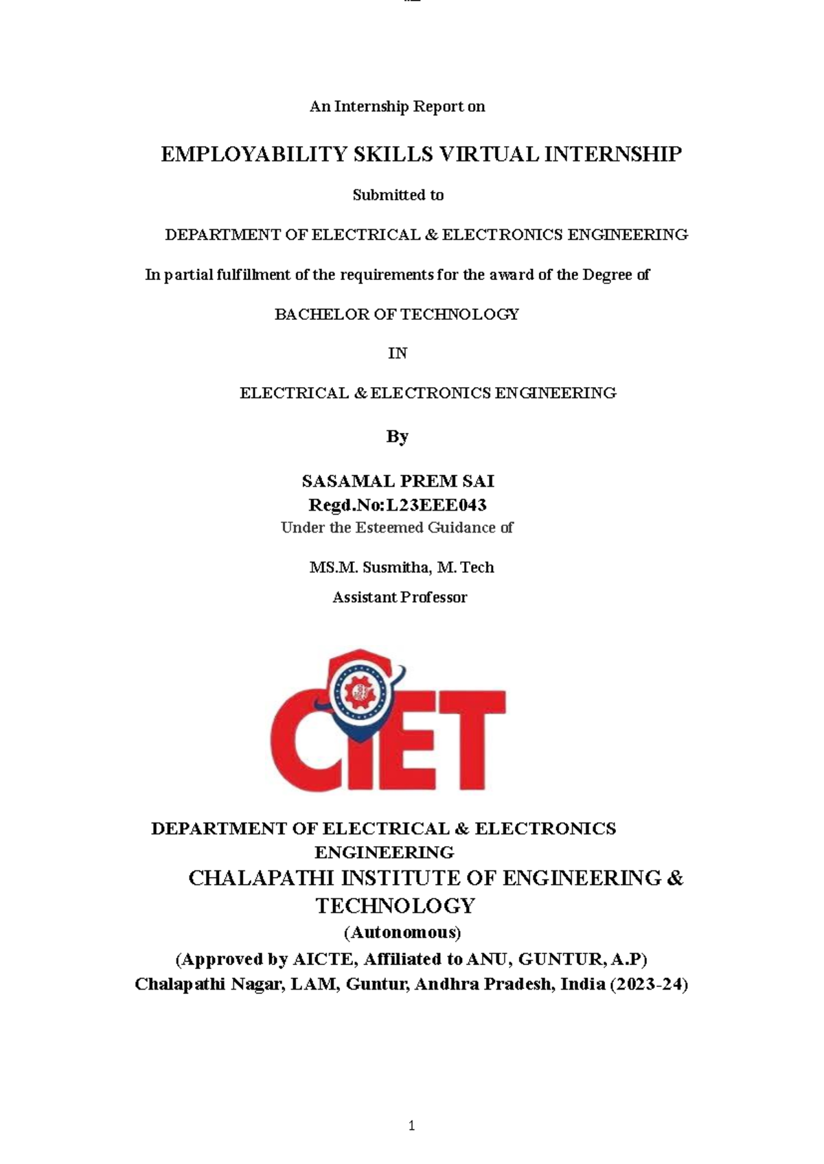 Internship Report on Employability Skills - B.Tech in EEE (OM oARc 93 1 ...