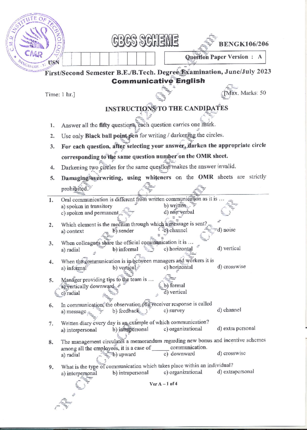 VTU Question Paper: Bengk 106 & Bengk 206 Communicative English, June ...
