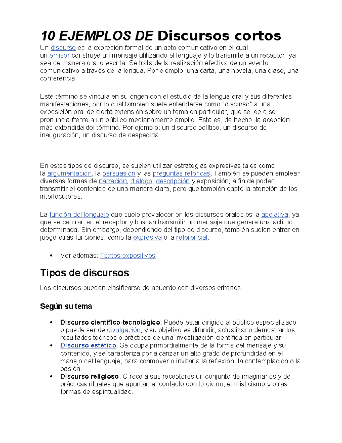 Ejemplos de Discursos Cortos: 10 Tipos y Estructuras Esenciales - Studocu