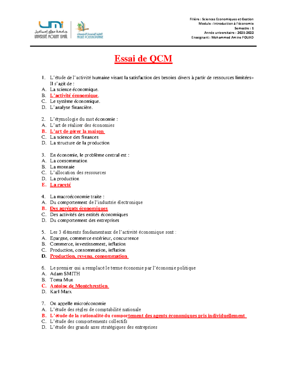 Essai de QCM - Introduction à l’Économie (S1) 2021 par M. Amine FOUAD - Studocu