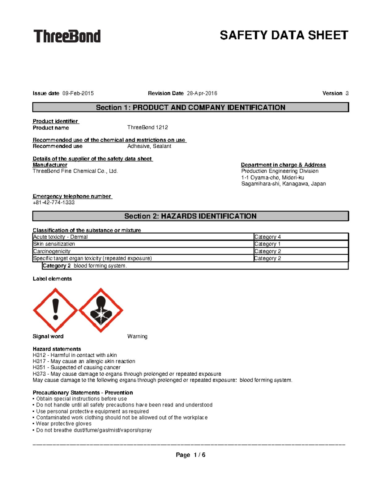 SDS for ThreeBond 1212: Safety Data Sheet Overview and Guidelines - Studocu