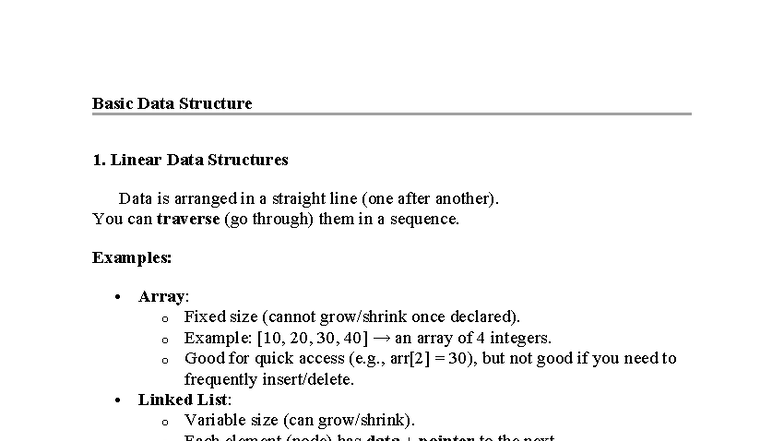 Basic Data Structures: Linear & Non-Linear Overview - Studocu