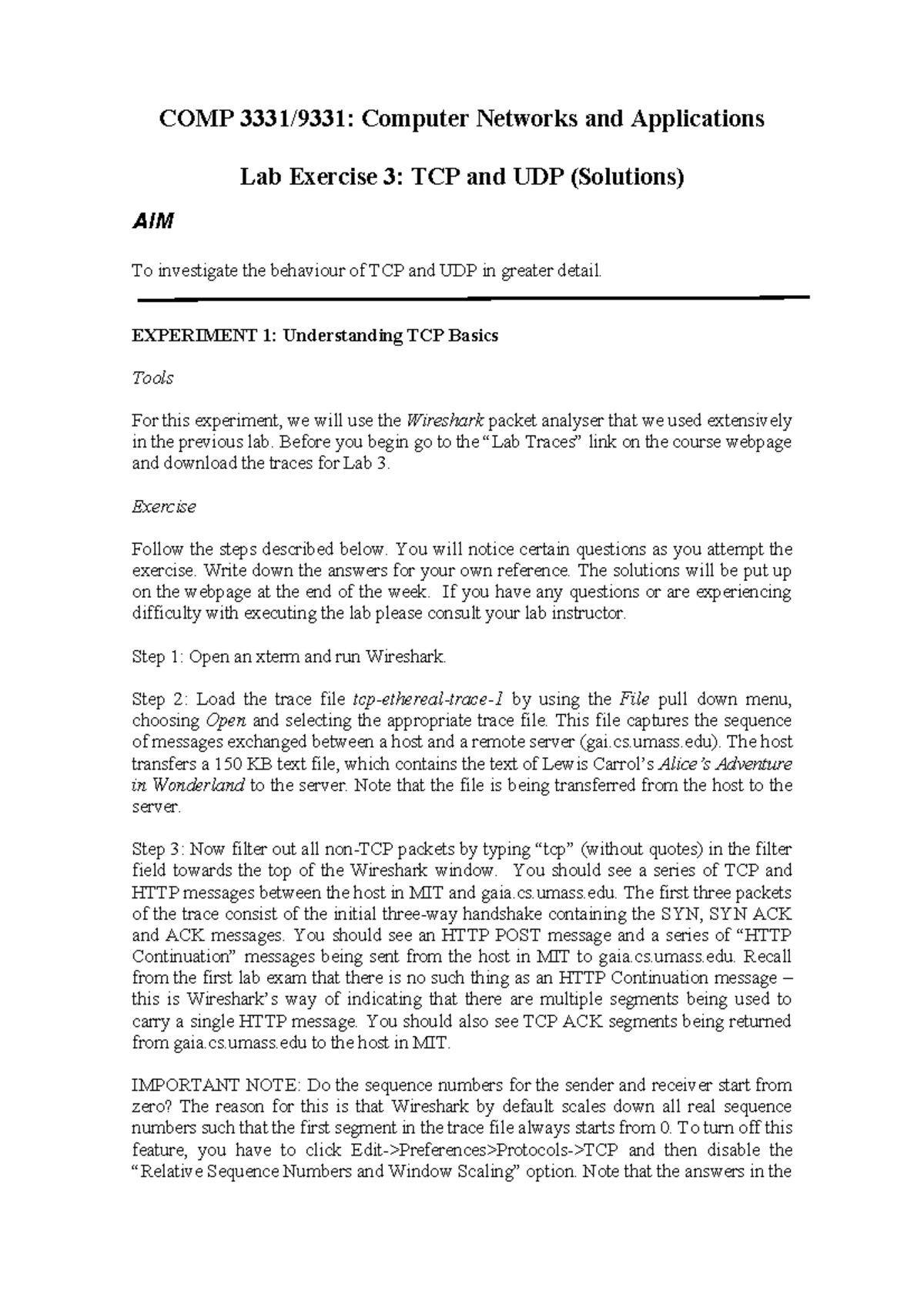 Lab3 Solution - COMP 3331/9331: Computer Networks and Applications Lab Exercise 3: TCP and UDP ...