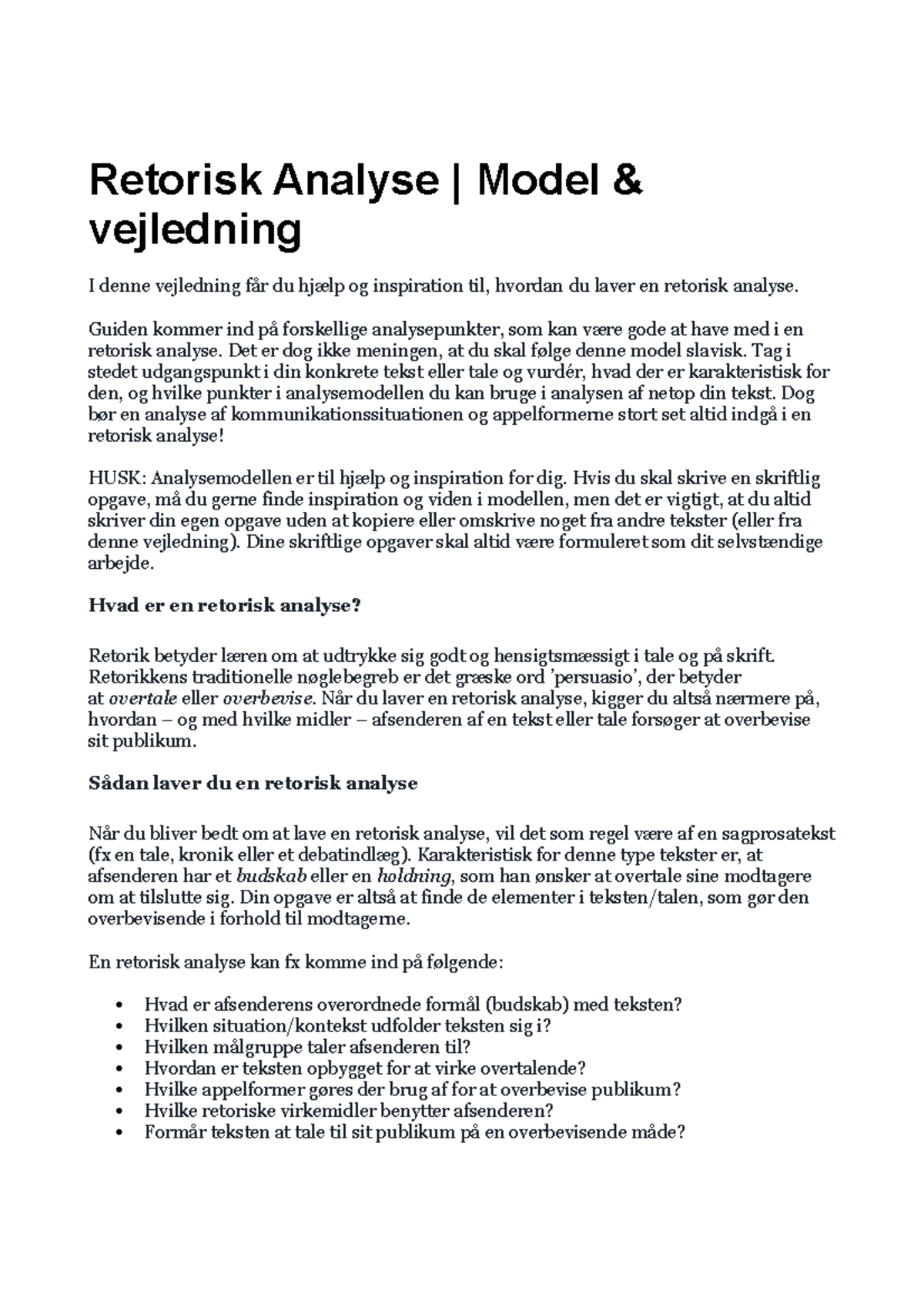 Retorisk Analyse: Model til Analyse af Tal og Tekster - Studocu