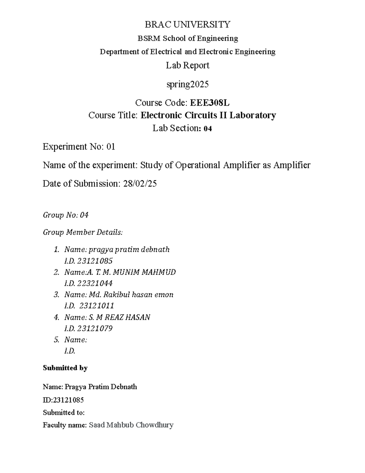 EXP01 GRP04 23121085 - lab report - BRAC UNIVERSITY BSRM School of ...