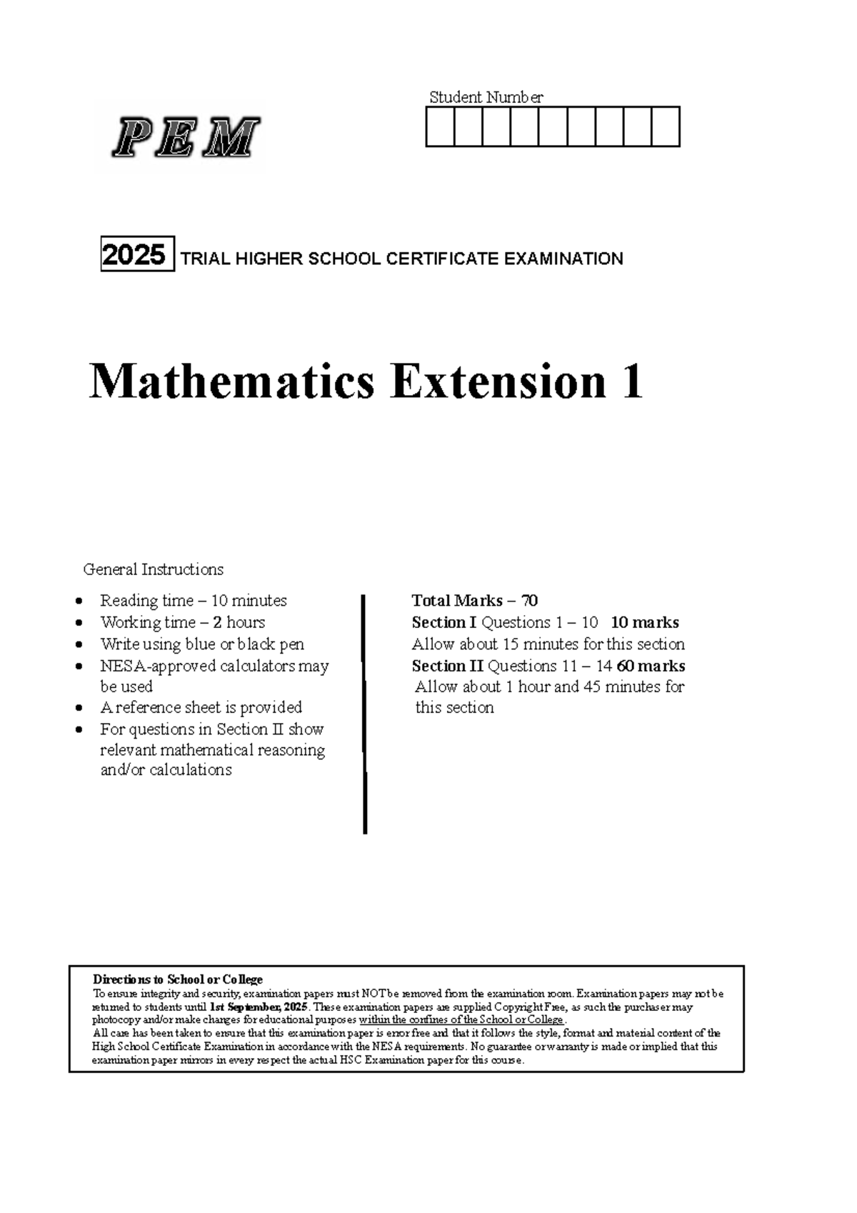 PEM 2025 Mathematics Extension 1 Trial HSC Exam Paper - Studocu