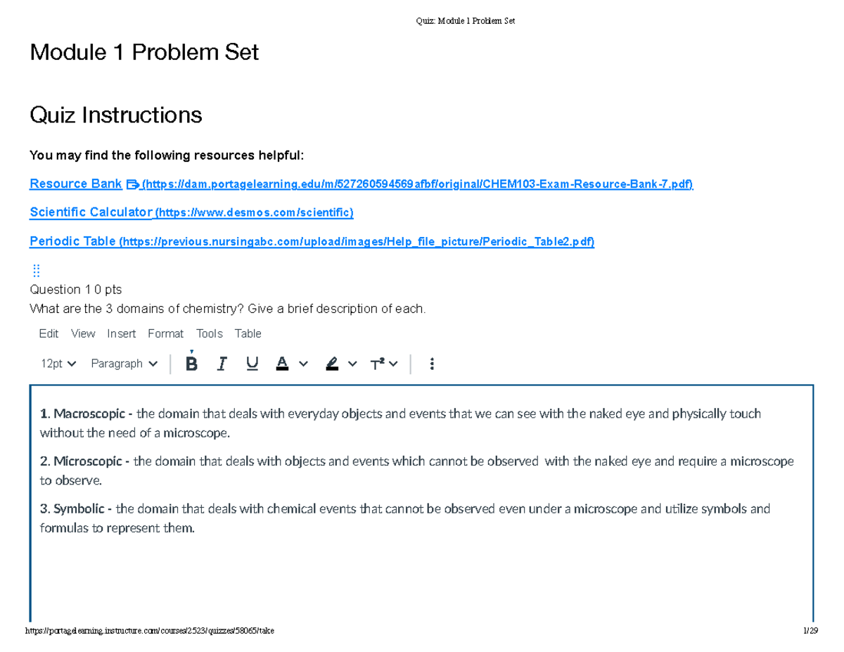Quiz: Module 1 Problem Set - Chemistry Domains and Concepts - Studocu