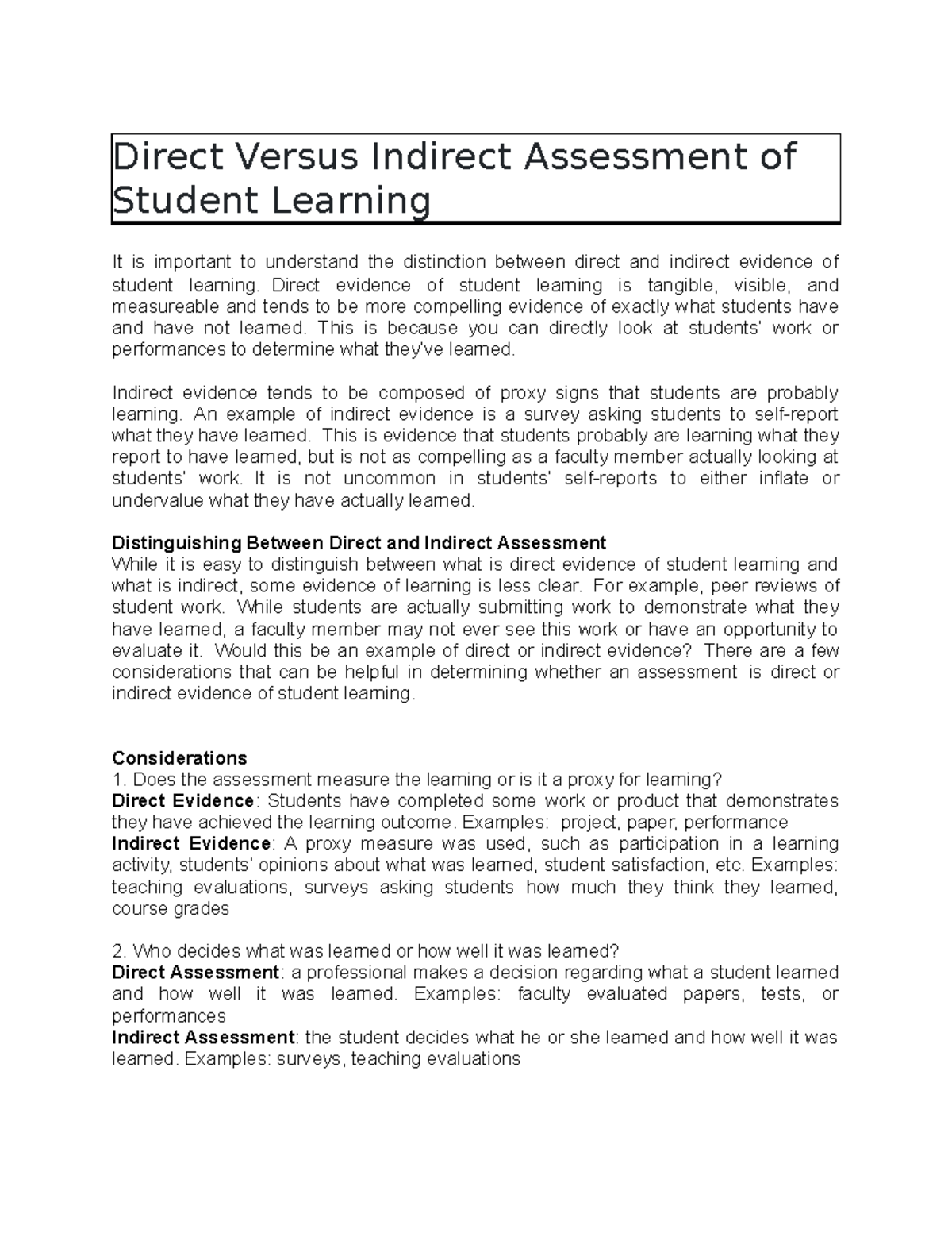 Direct vs. Indirect Assessment of Student Learning: Key Insights - Studocu