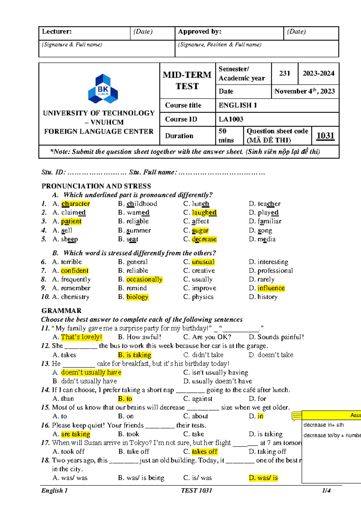 AV1 MID-TERM TEST Sample - English 1 - LA10 03 - Studocu