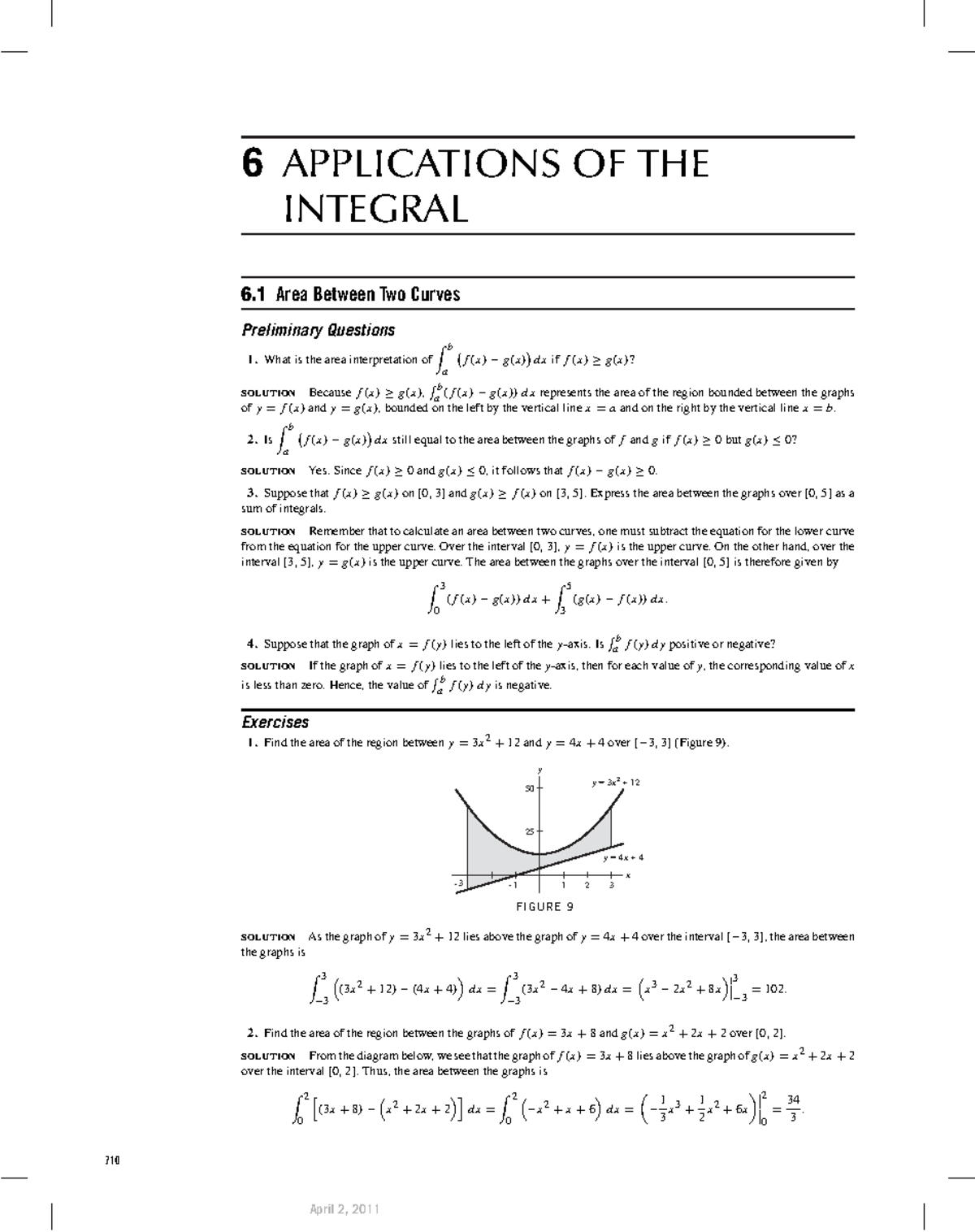 ap calc bc chapter 6 answers - 6 APPLICATIONS OF THE INTEGRAL 6 Area ...