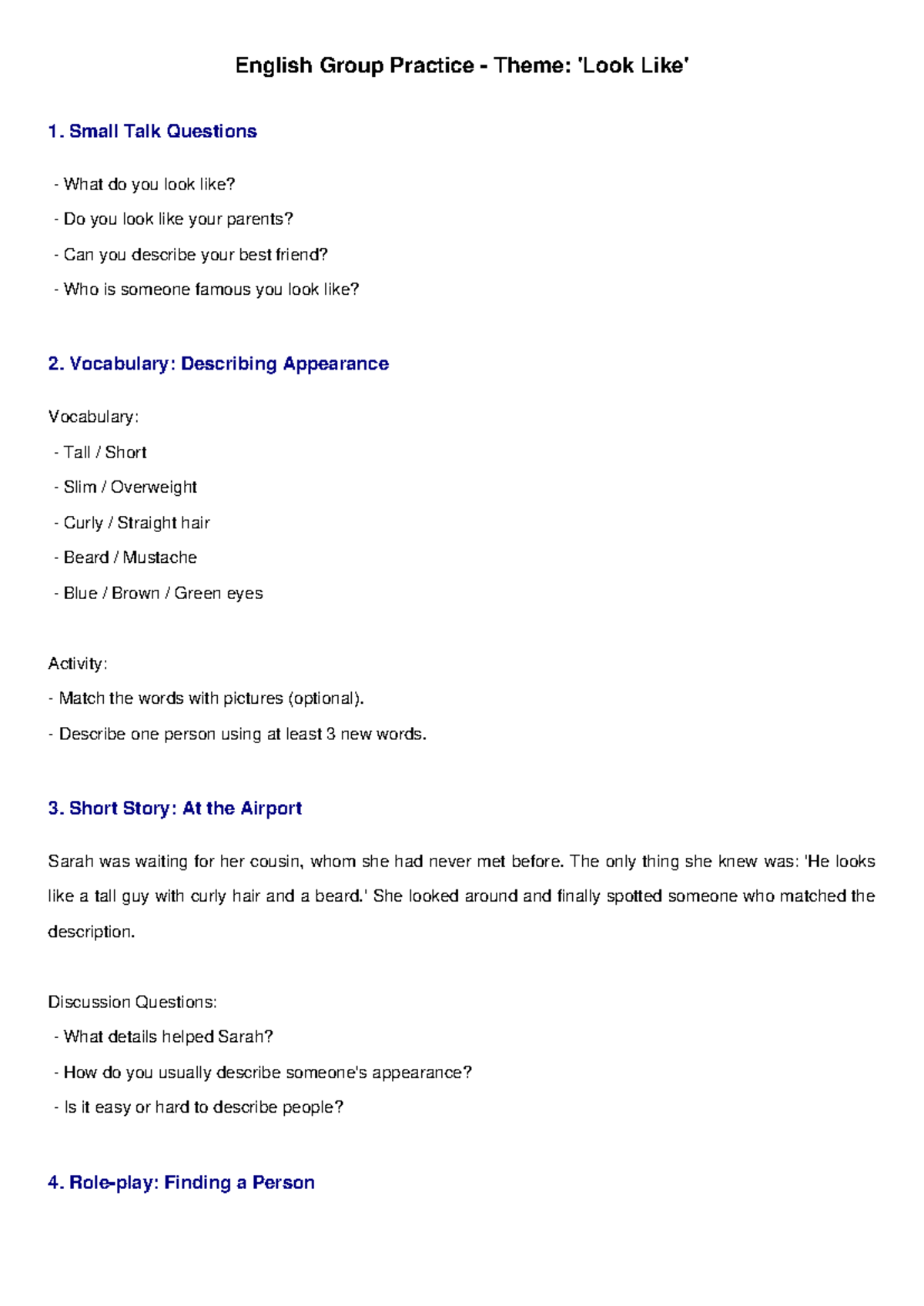 English Group Session: Describing Appearance & Small Talk Activities ...