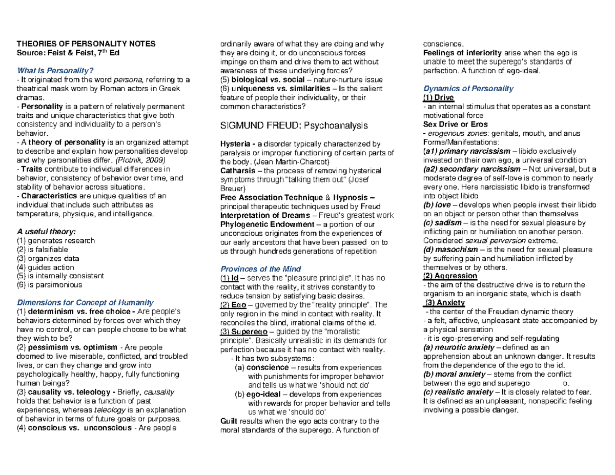 **PSY 101: Lecture Notes on Theories of Personality Summarized** - Studocu