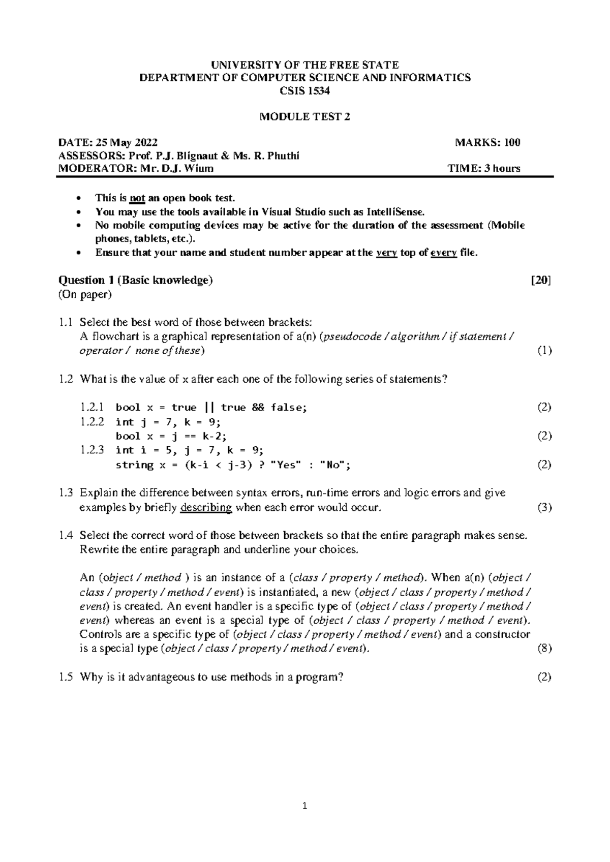 CSIS 1534 2022 Module Test 2: Computer Science Concepts and Programming ...