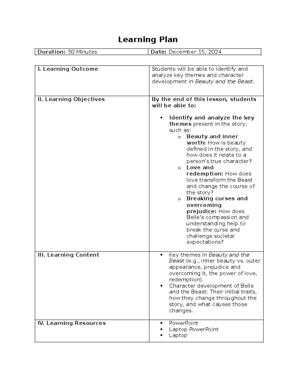 LIT1 Learning Plan: Analyzing Themes in Beauty and the Beast - Studocu