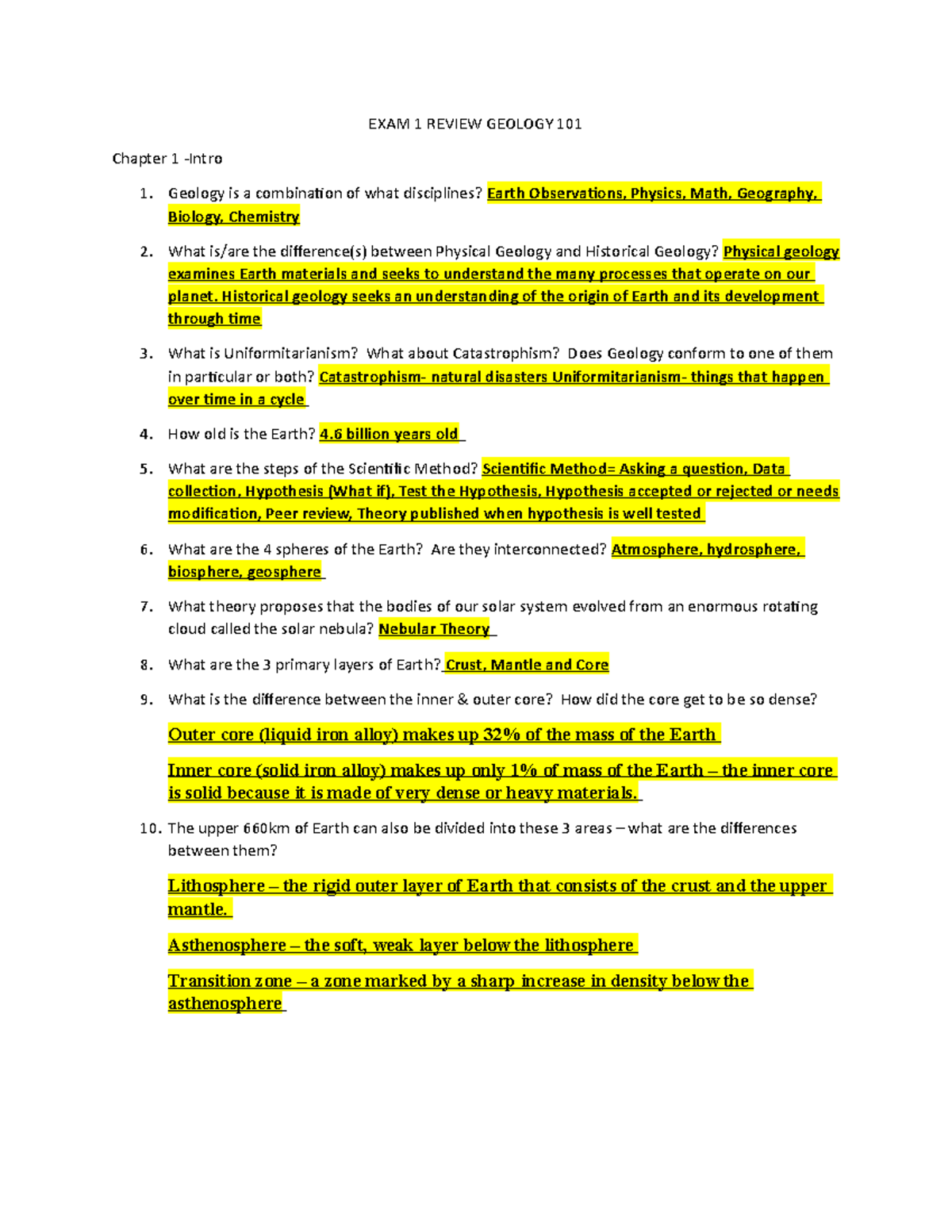 Exam 1 review - EXAM 1 REVIEW GEOLOGY 101 Chapter 1 -Intro 1. Geology ...