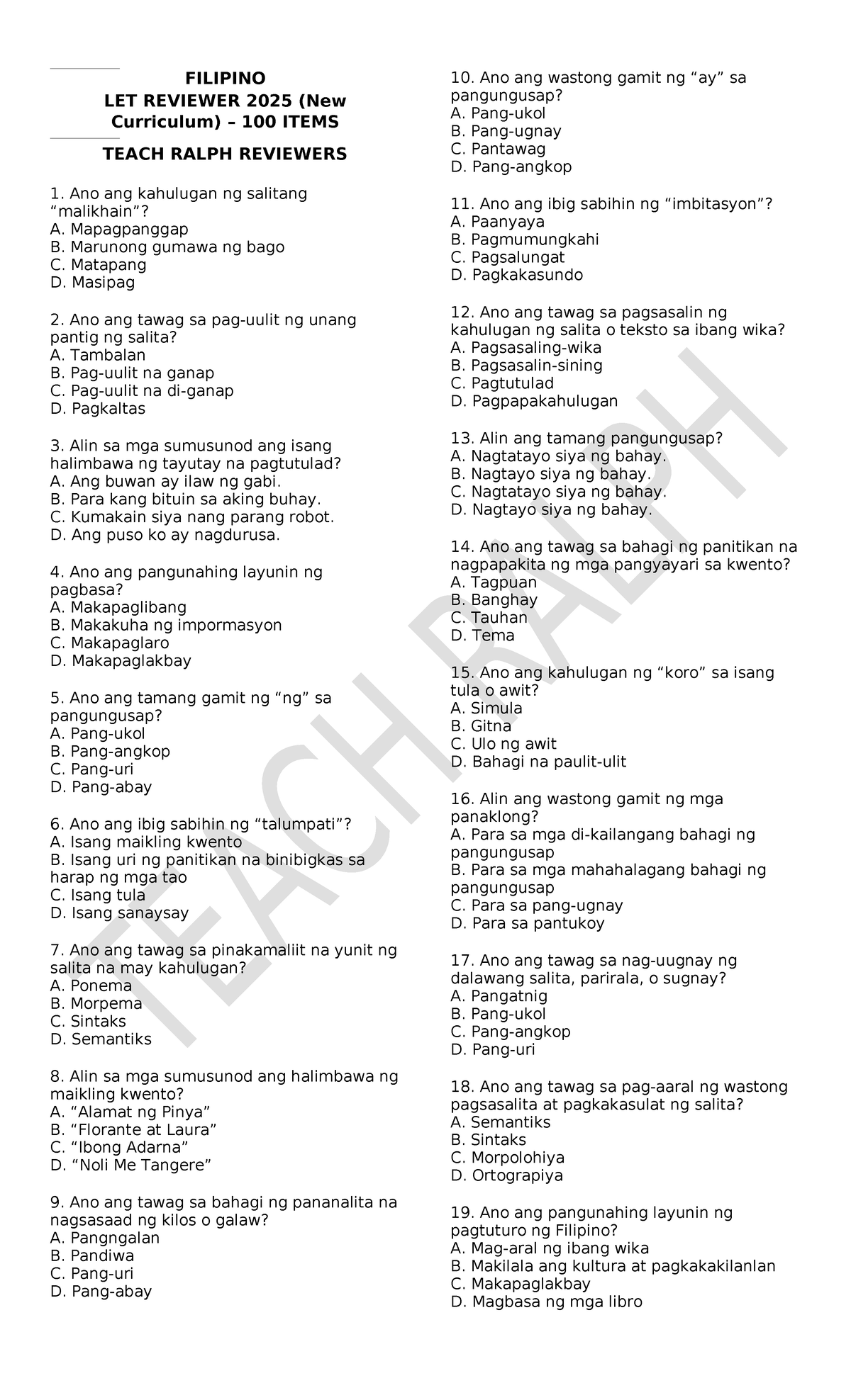 FILIPINO LET REVIEWER 2025: 100 ITEMS FOR TEACHER LICENSURE - Studocu