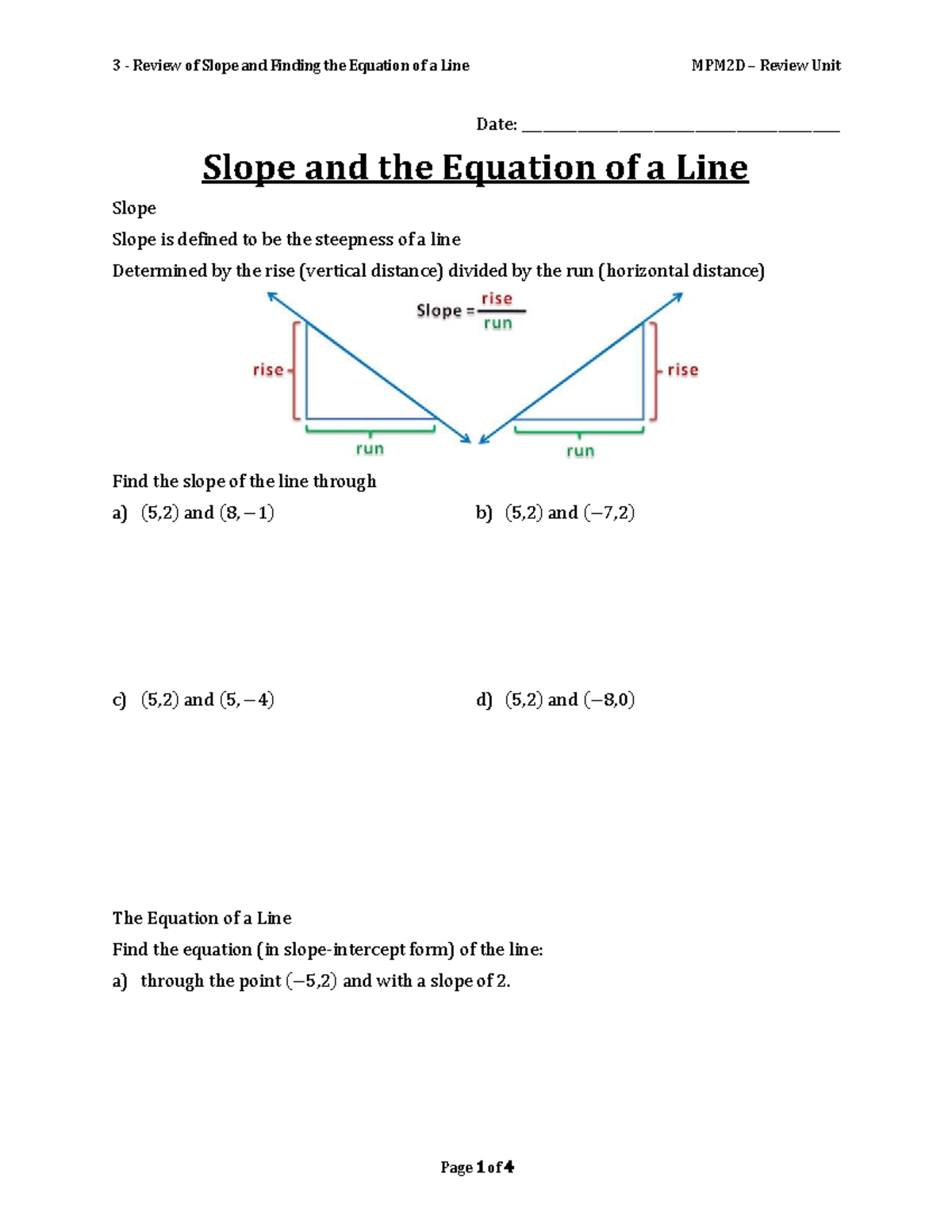 03 - MPM2D Review: Slope & Equation of a Line - Studocu