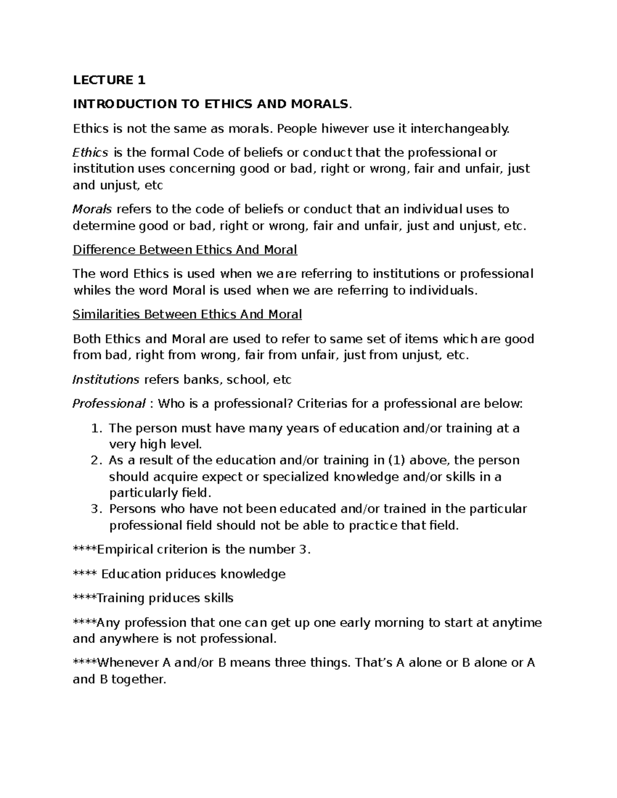 LECTURE 1: INTRODUCTION TO ETHICS AND MORALS - Studocu