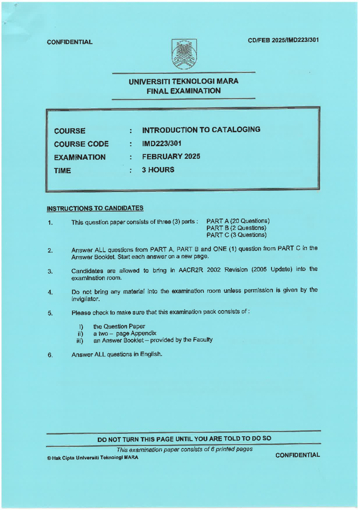 UITM INT. TO CATALOGING FINAL EXAM - FEB 2025 - Studocu