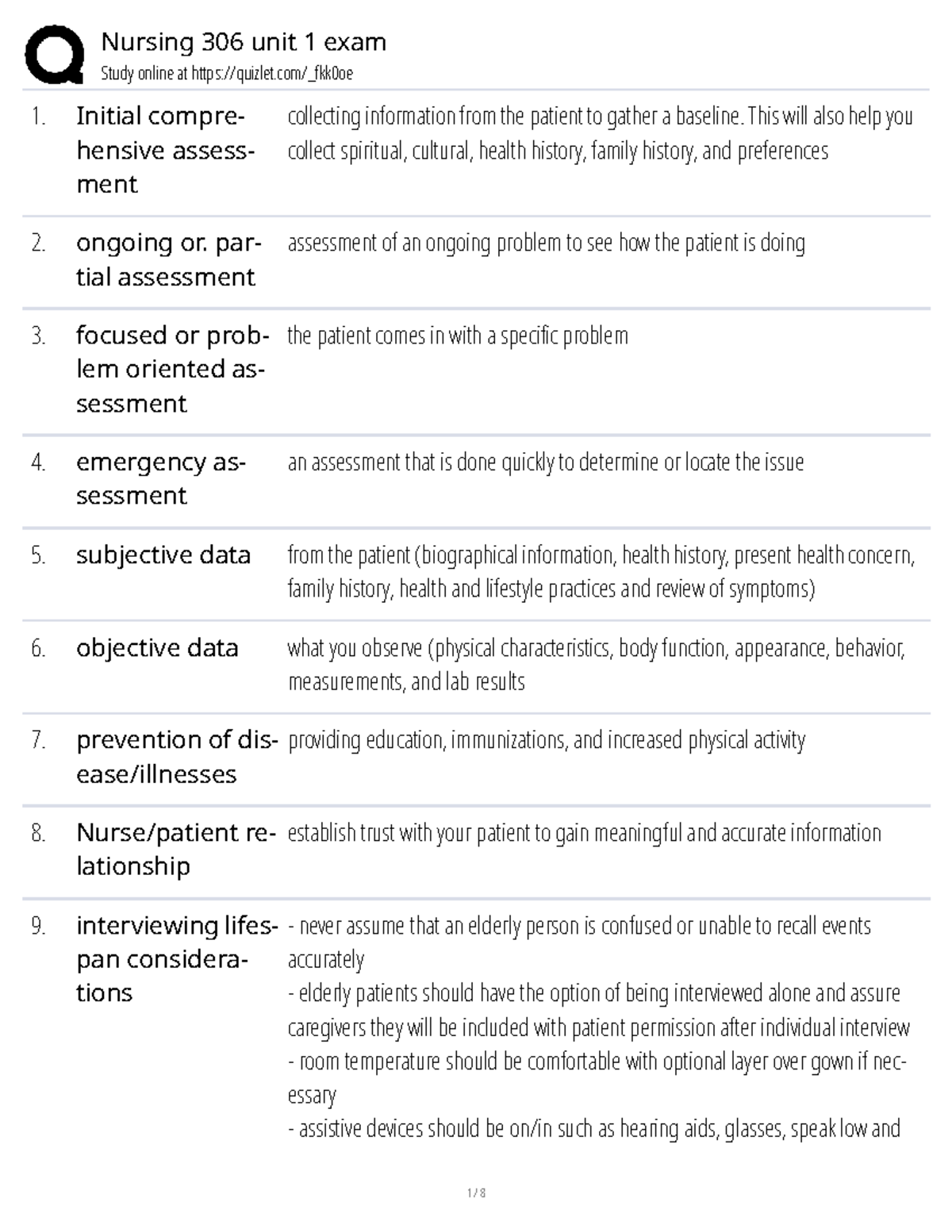 Nursing 306 Unit 1 Exam Study Guide: Comprehensive Assessment ...