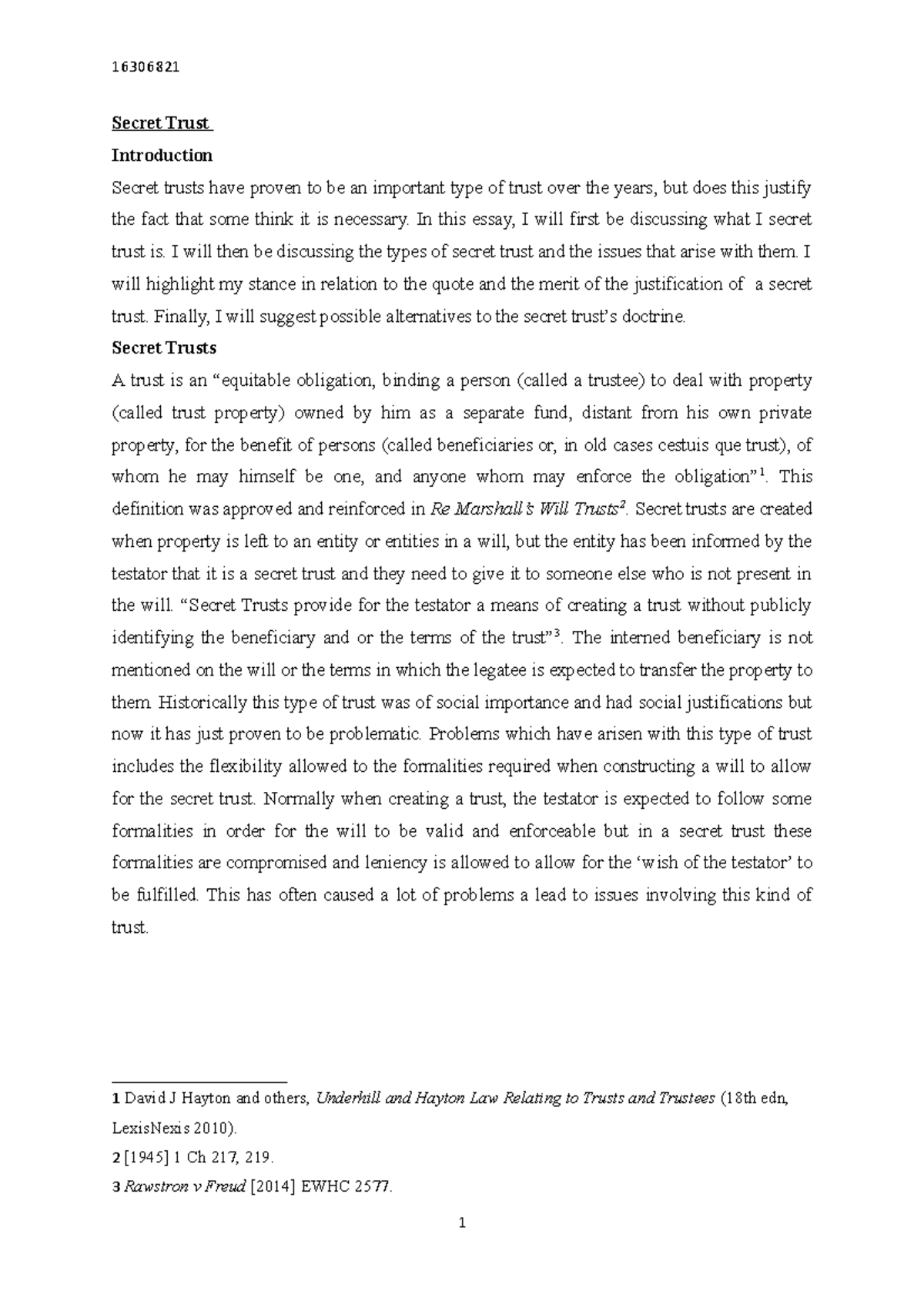 Secret Trusts: Issues and Justifications in LW351B Assignment - Studocu