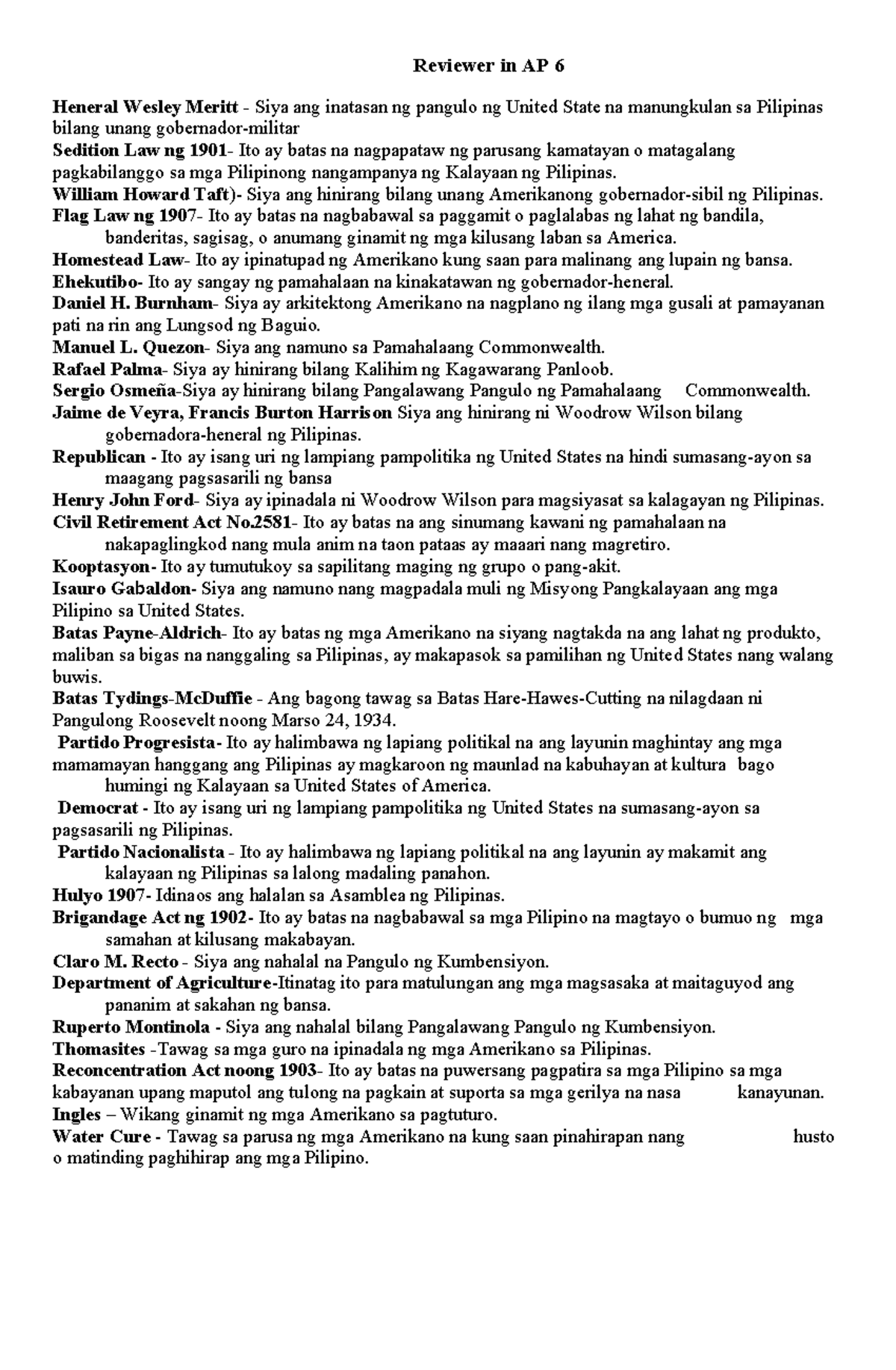 Final-AP-reviewer - REVIEWER - Reviewer in AP 6 Heneral Wesley Meritt - Siya ang inatasan ng ...